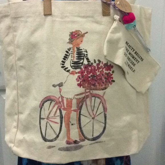 Eccolo | Bags | Eccolo Lady In Bike Canvas Pouch And Tote Set Bag ...